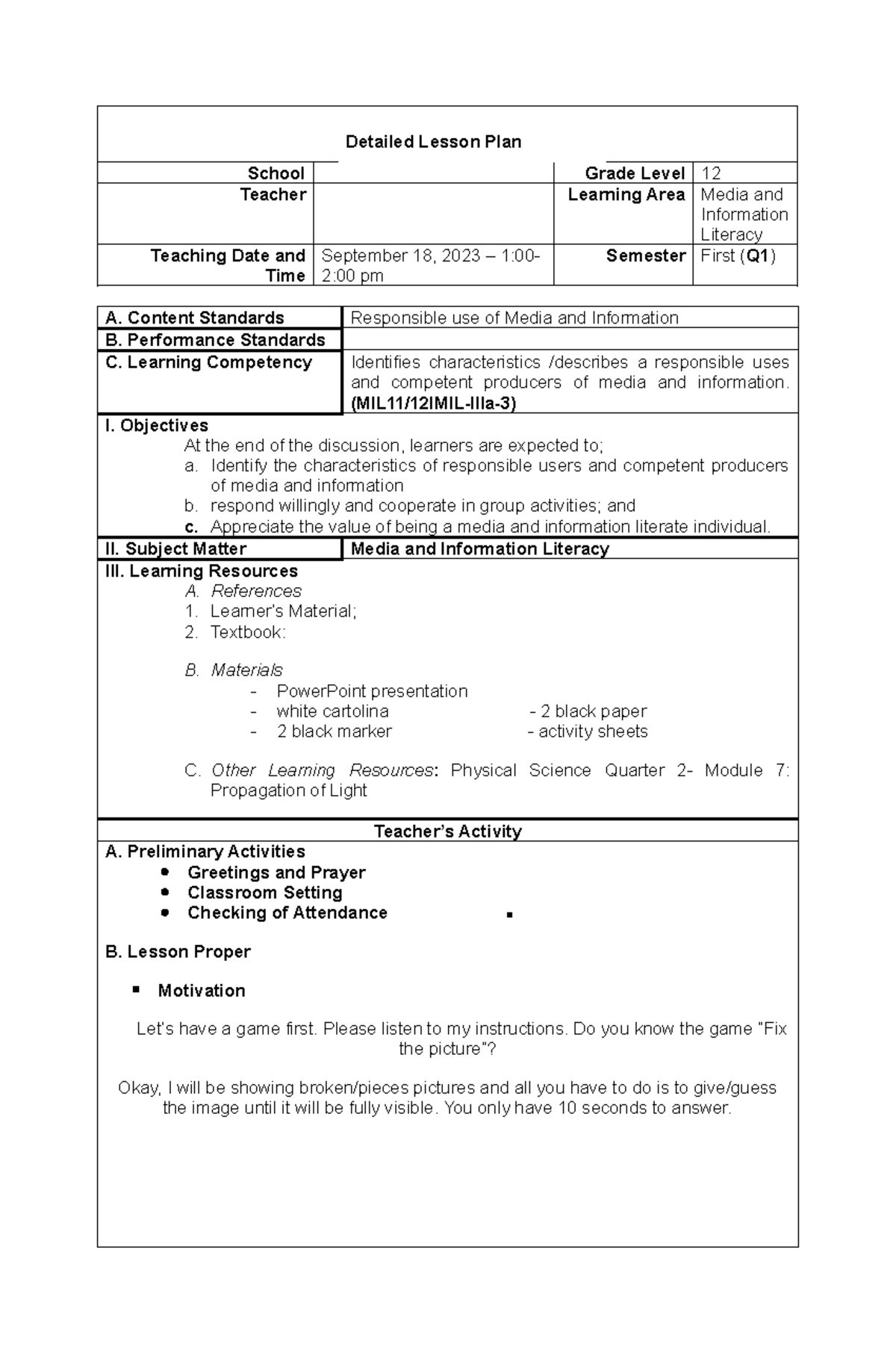DLP Physical Science - Detailed Lesson Plan on Media and Information ...