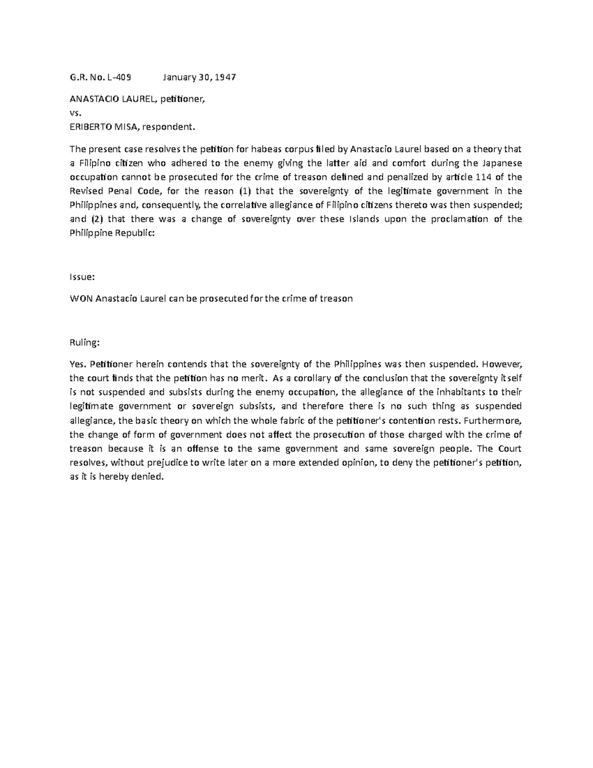 G.R. No. L-409 Case Digest: Anastacio Laurel v. Eriberto Misa Analysis ...