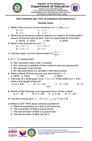 First Quarter Examination - Republic of the Philippines Department of ...