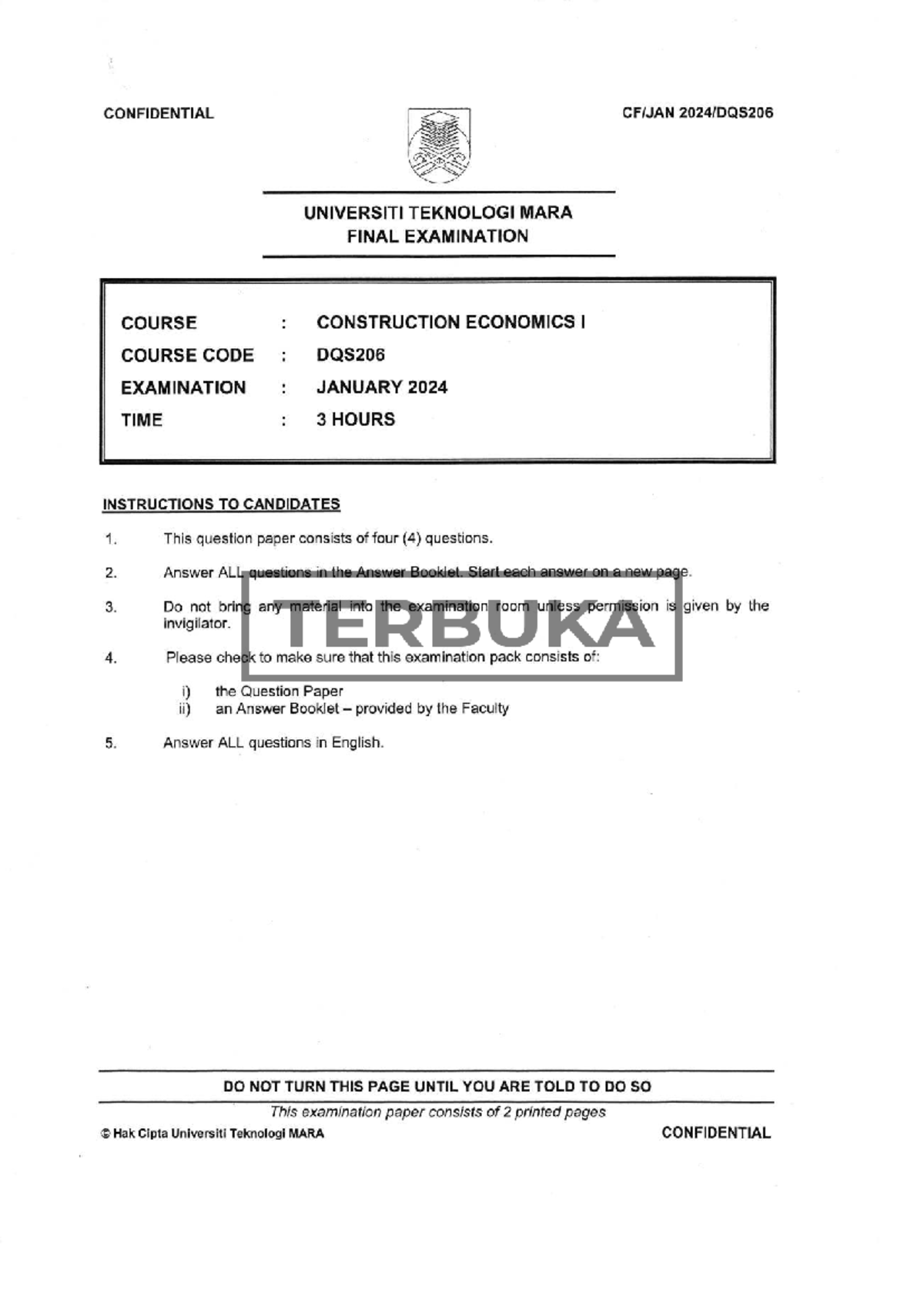 DQS206 Final Exam Paper - Construction Economics I (Jan 2024) - Studocu