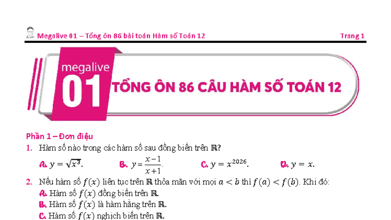 Tổng ôn 86 bài toán Hàm số Toán 12 - Khóa TENS 2026 - Studocu