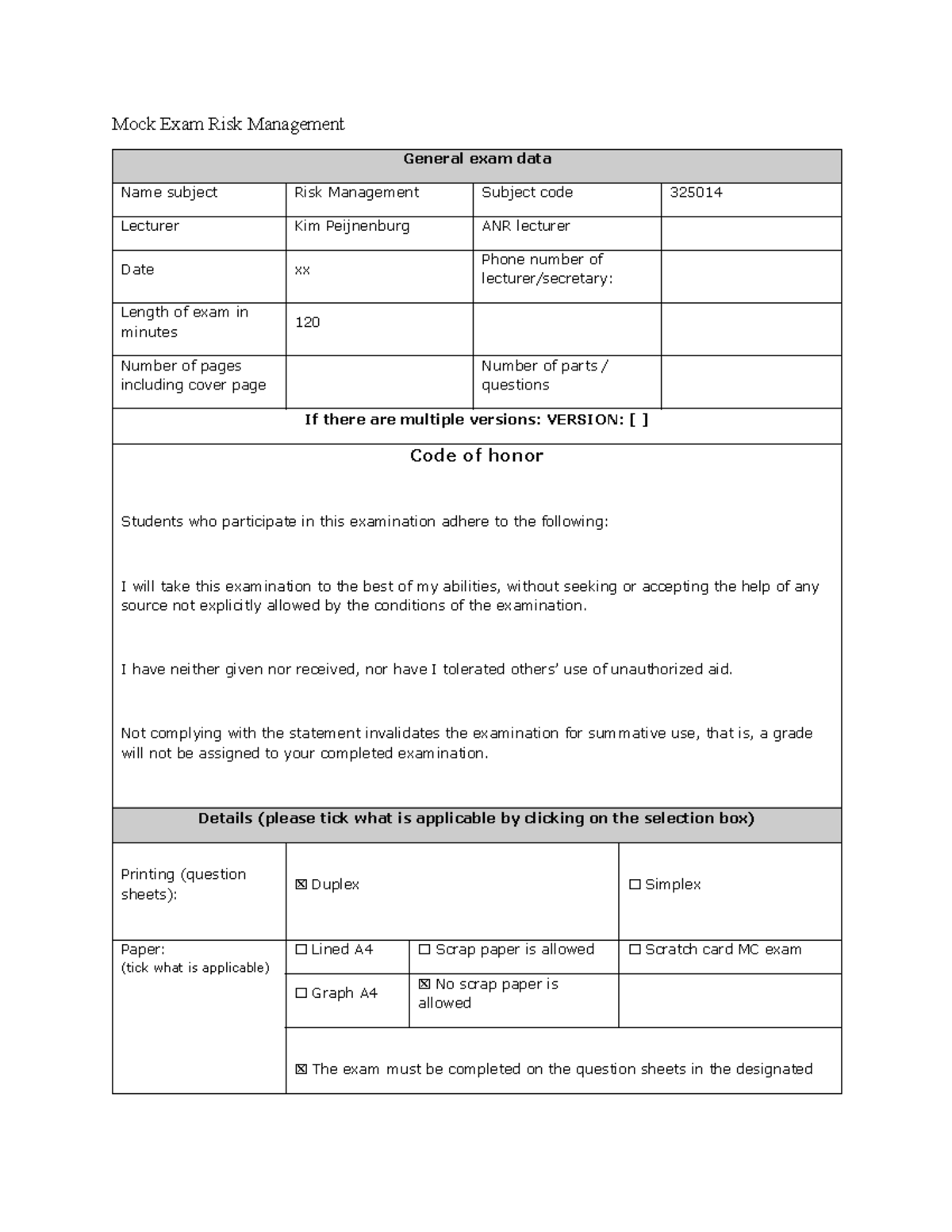 Mock exam Risk Management - Mock Exam Risk Management General exam data ...