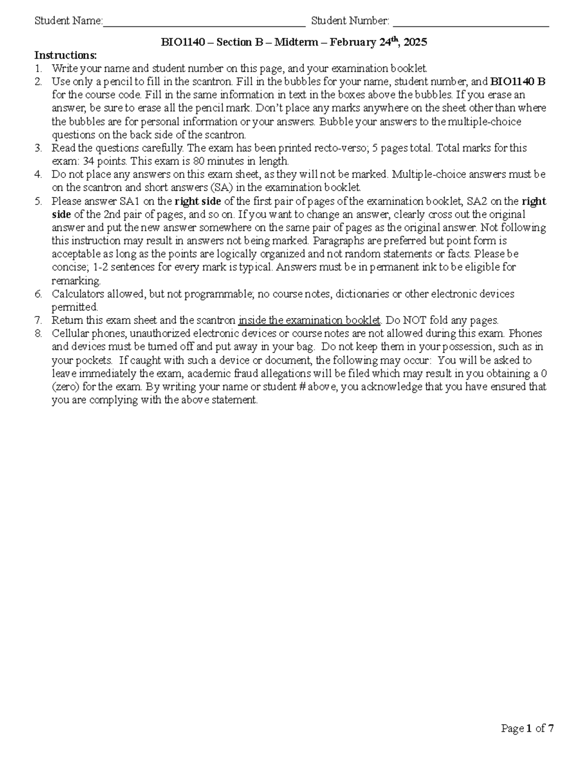 BIO1140-2025-Midterm-Section B-marking scheme - BIO1140 – Section B – Midterm – February 24 th ...