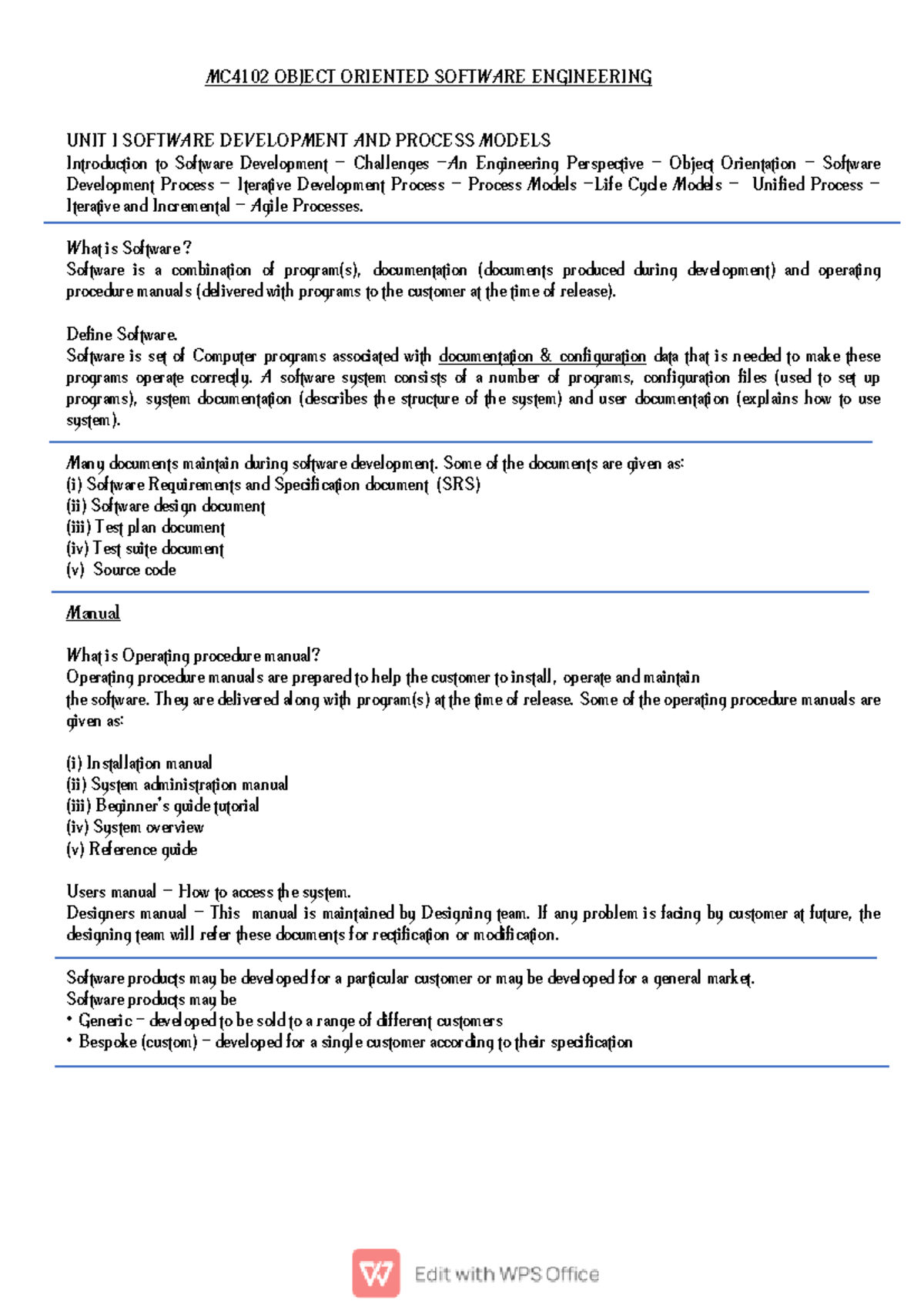 Unit I OOSE: Software Development & Process Models Overview - Studocu