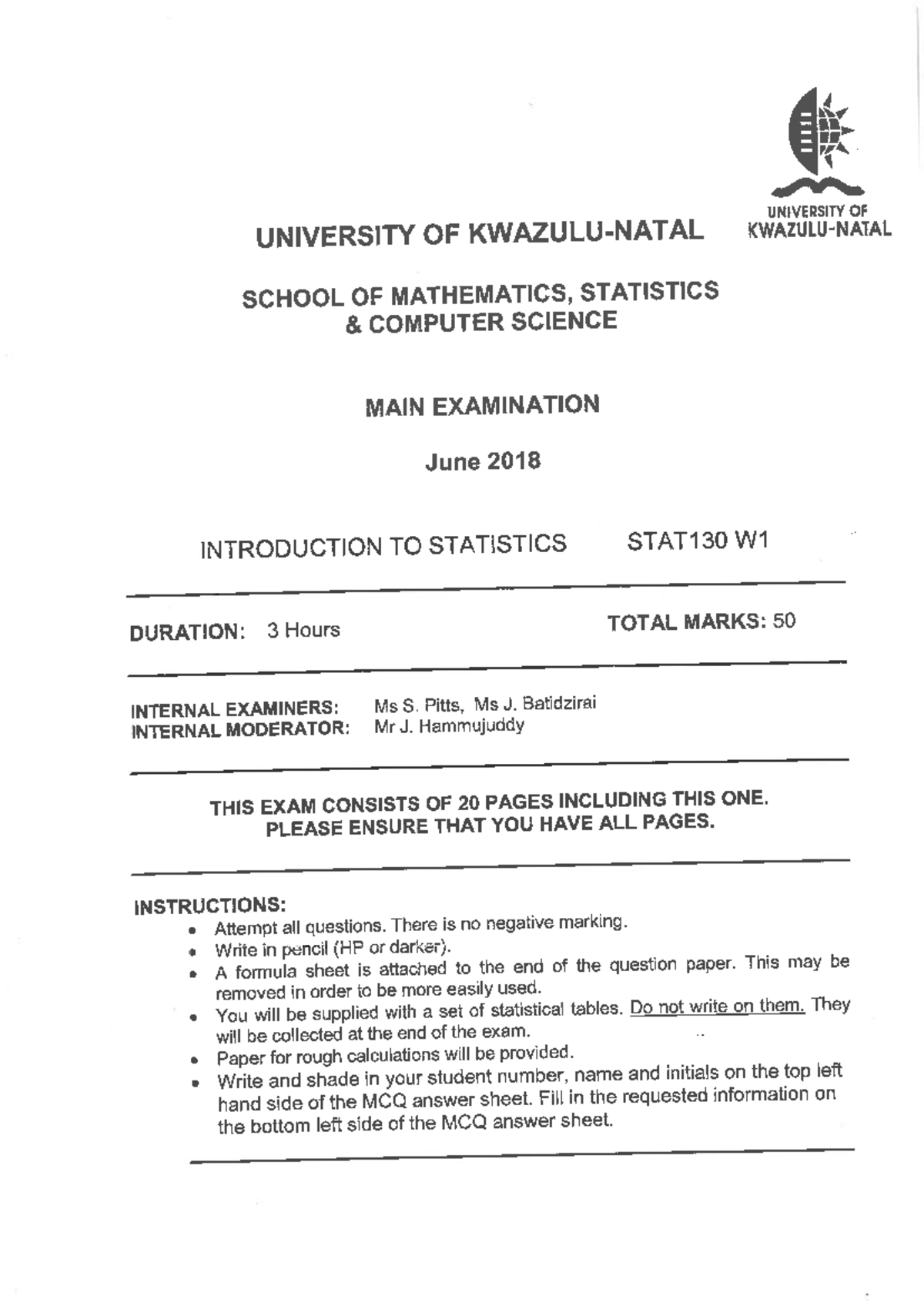 Main Exam Solutions: Intro to Statistics (STAT130 W1) - June 2018 - Studocu