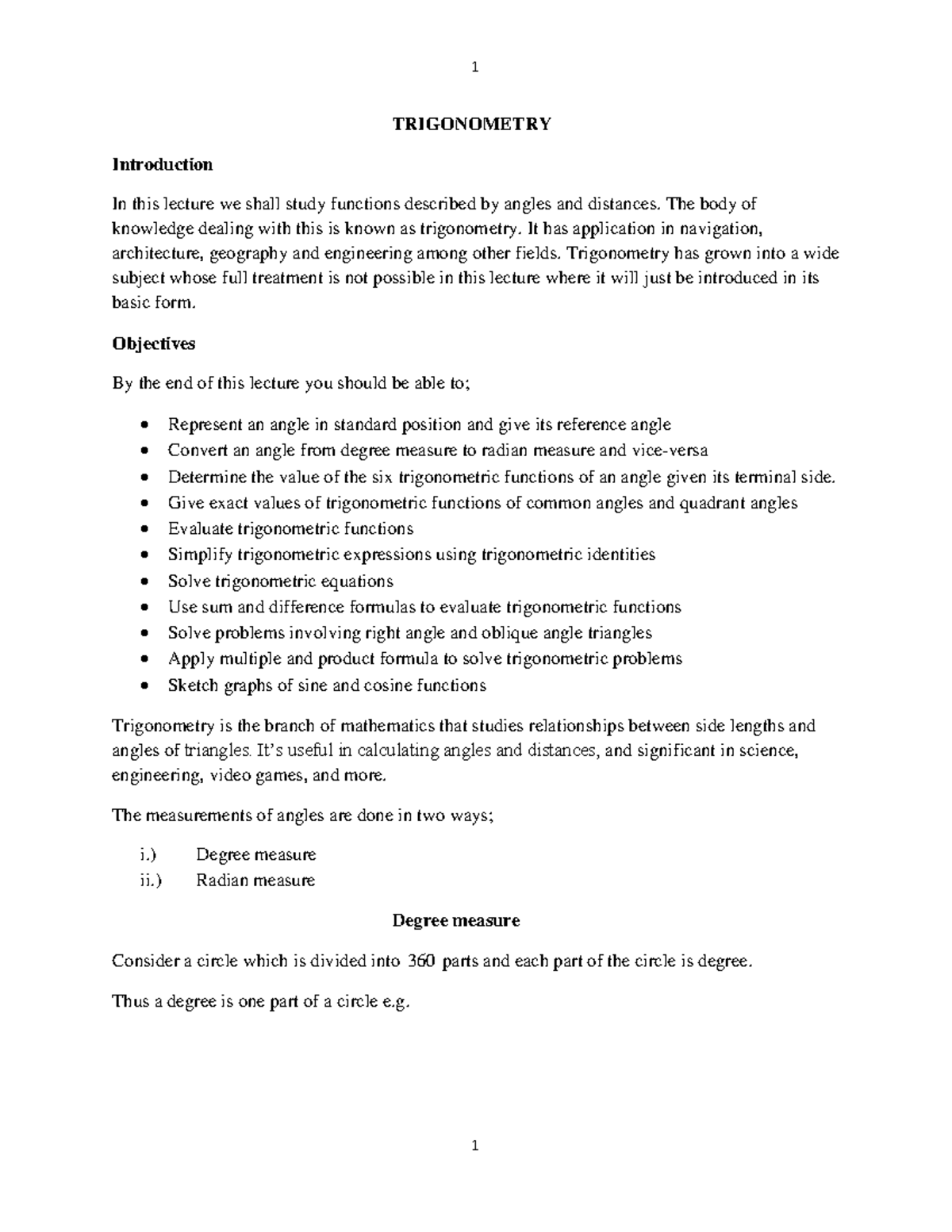 TRIG 101: Introduction to Trigonometry Lecture Notes - Studocu