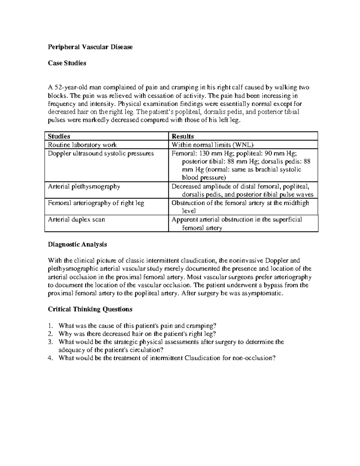 Peripheral Vascular Disease Case Study 2: Diagnostic Analysis and ...