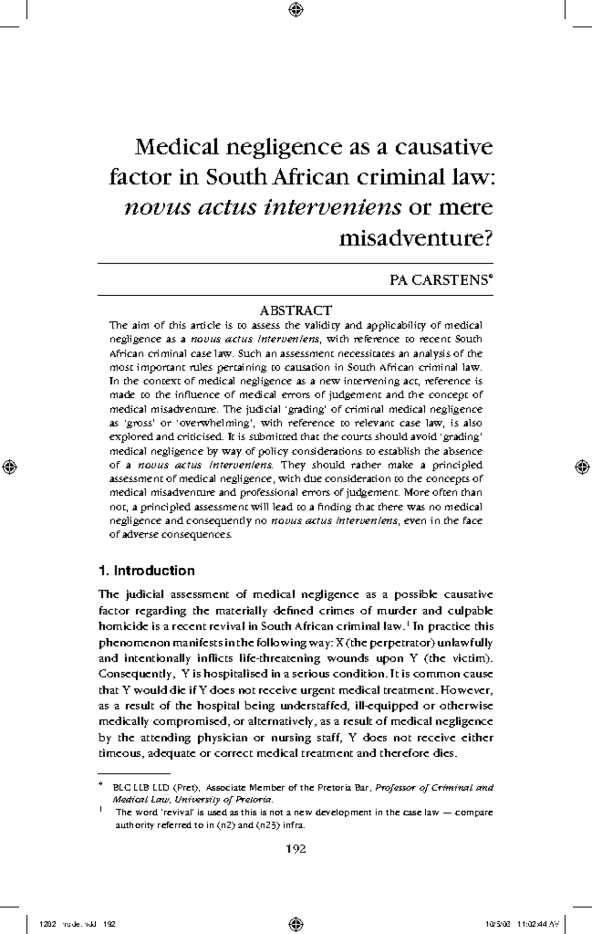 Medical Negligence as Novus Actus Interveniens in SA Criminal Law - Studocu