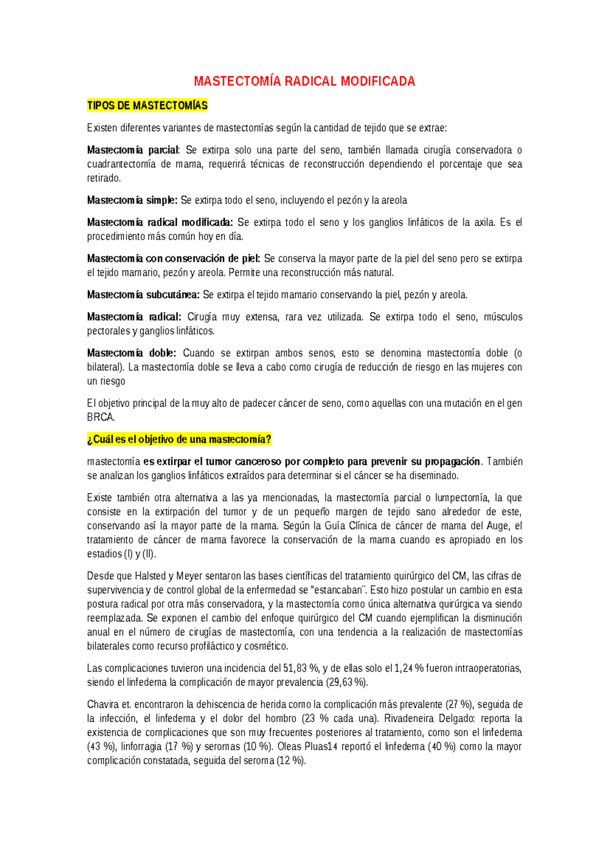 MASTECTOMÍA RADICAL MODIFICADA: TIPOS Y COMPLICACIONES - Studocu