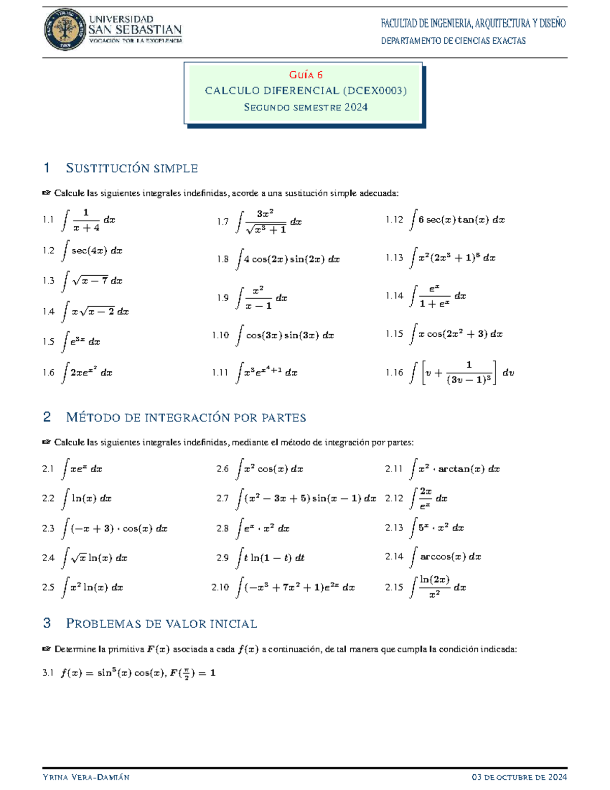 Guía 6 DCEX003 2024-20: Taller de Integrales Indefinidas - Studocu