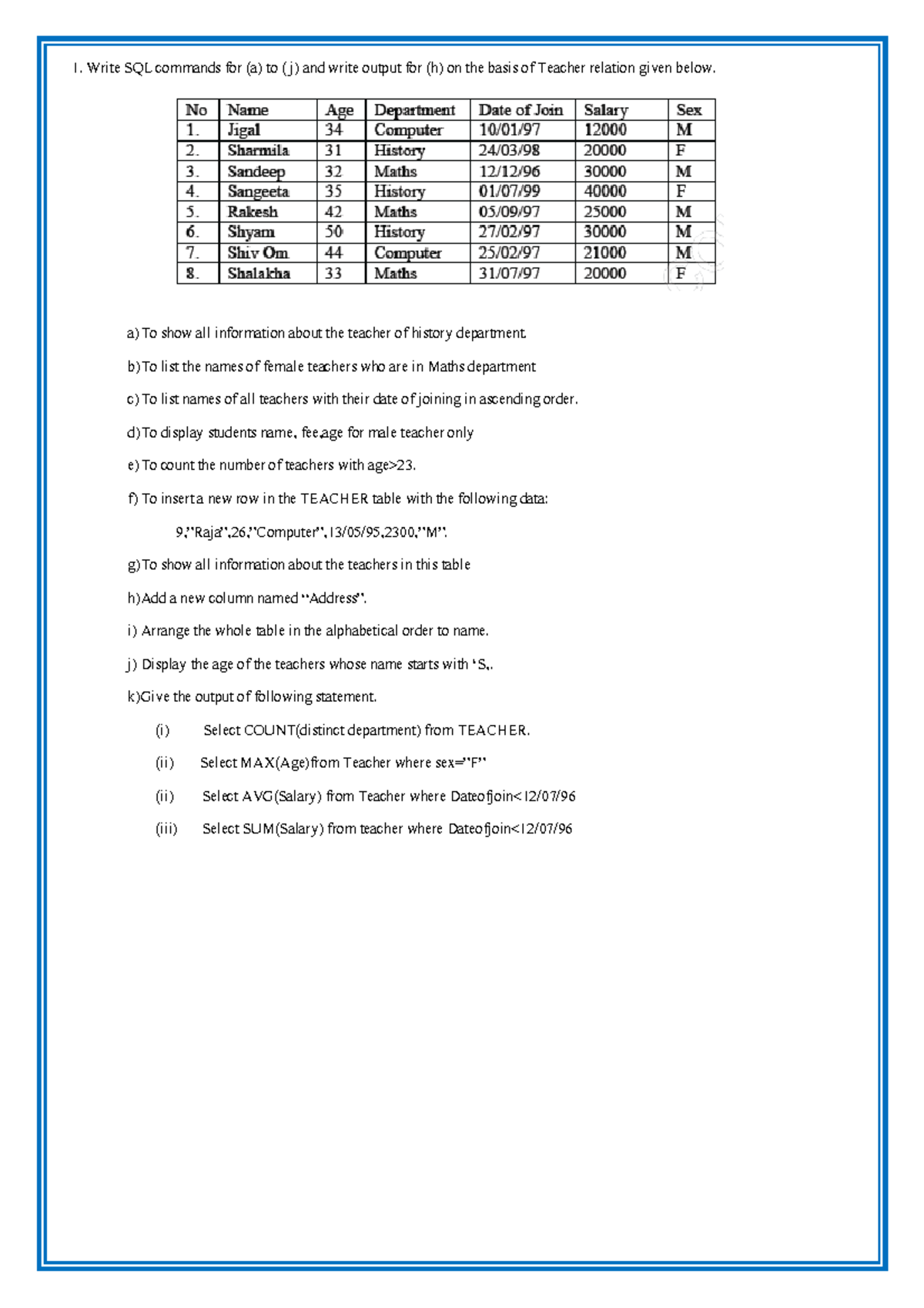 Dbms Tables Project Work 1 Write Sql Commands For A To J And Write Output For H On 2168