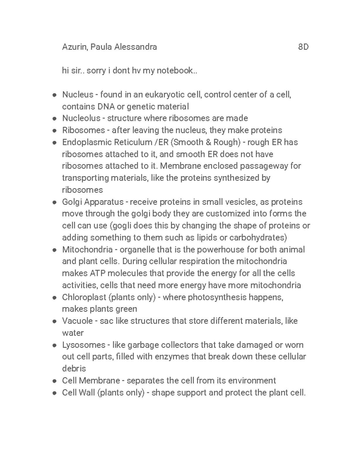 Science 8D: Eukaryotic Cell Structure and Function Notes - Studocu