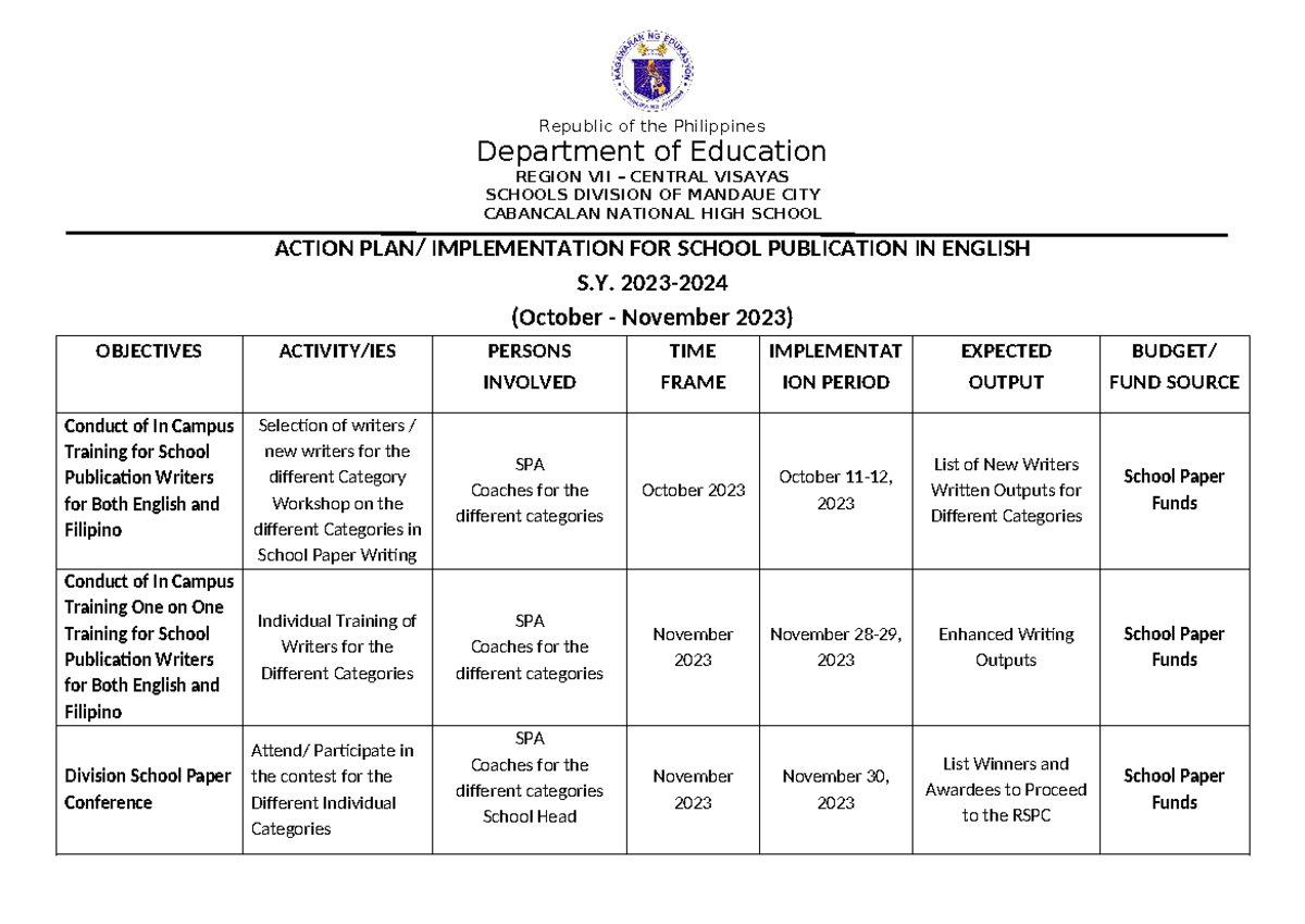 Action Plan for School Publication Implementation (S.Y. 2023-2024 ...