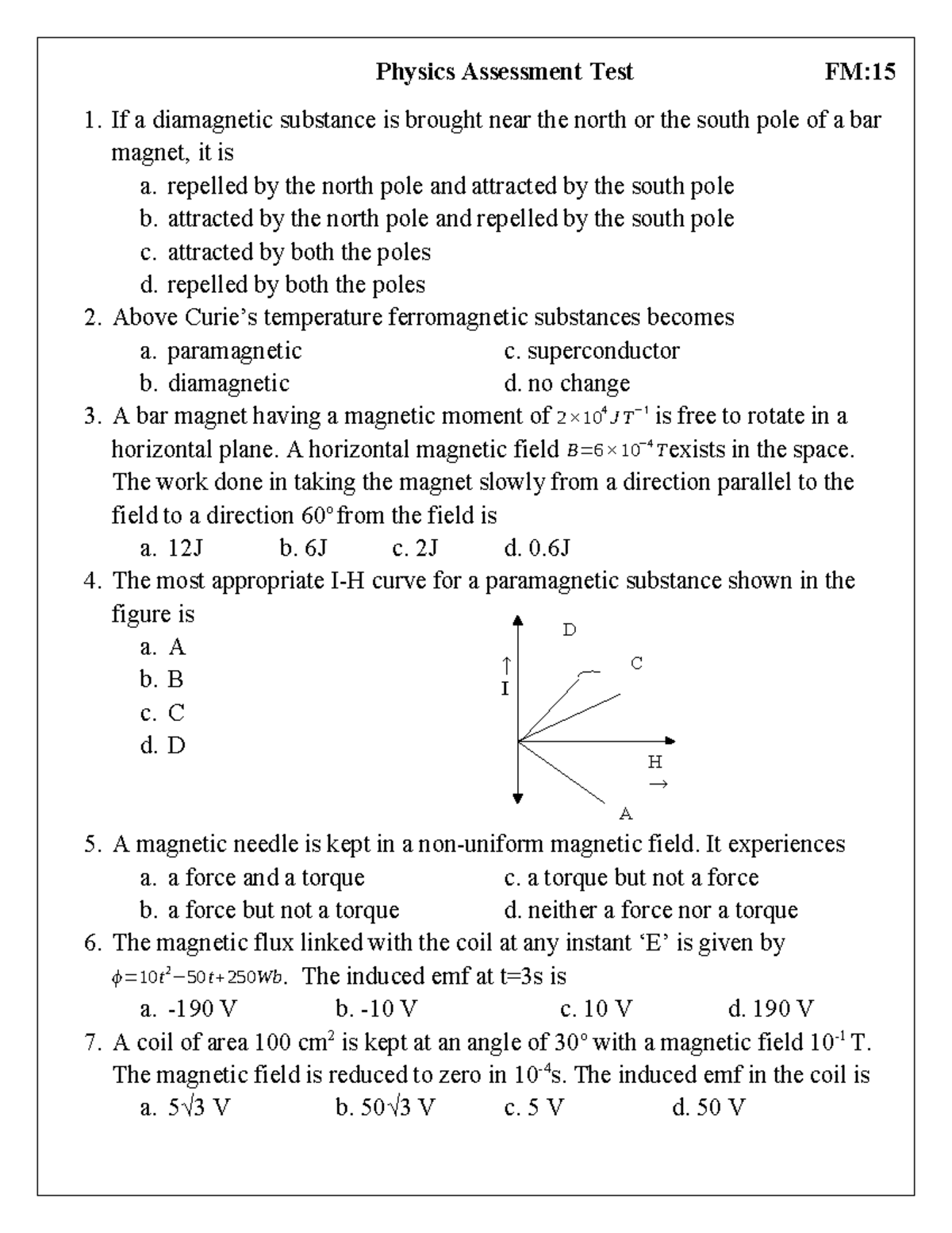 Physics Assessment Test FM:15 - Magnetism & Matter Practice Questions ...