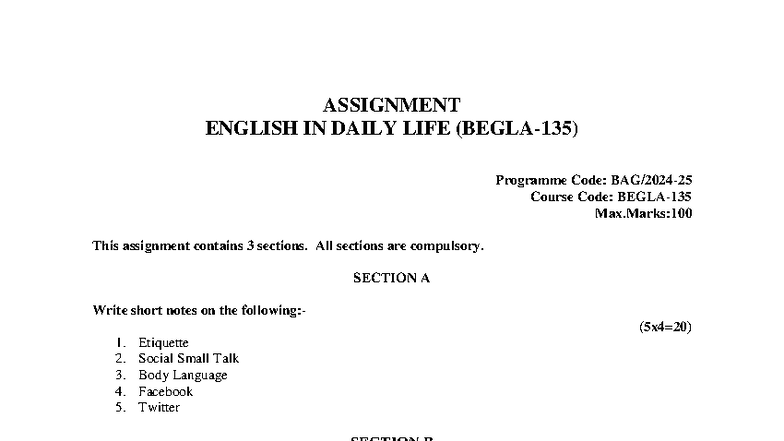 English in Daily Life Assignment - Begla 135 - Studocu