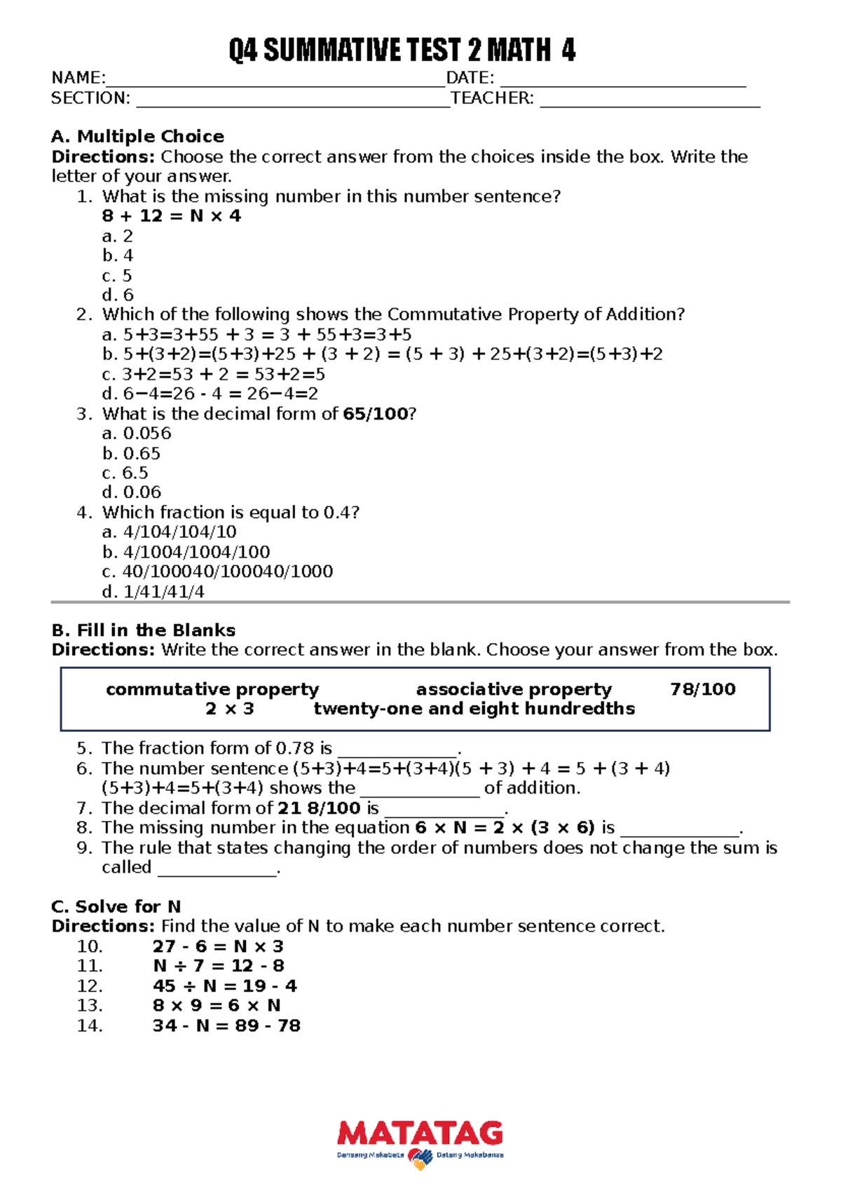 MATH 4 Summative Assessment 02: Multiple Choice & Problem Solving - Studocu