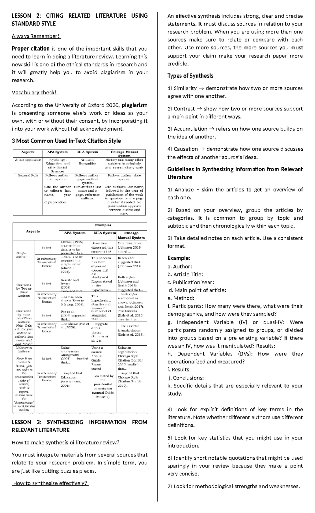 Handout Citing Related Literature Using Standard Style - LESSON 2 ...
