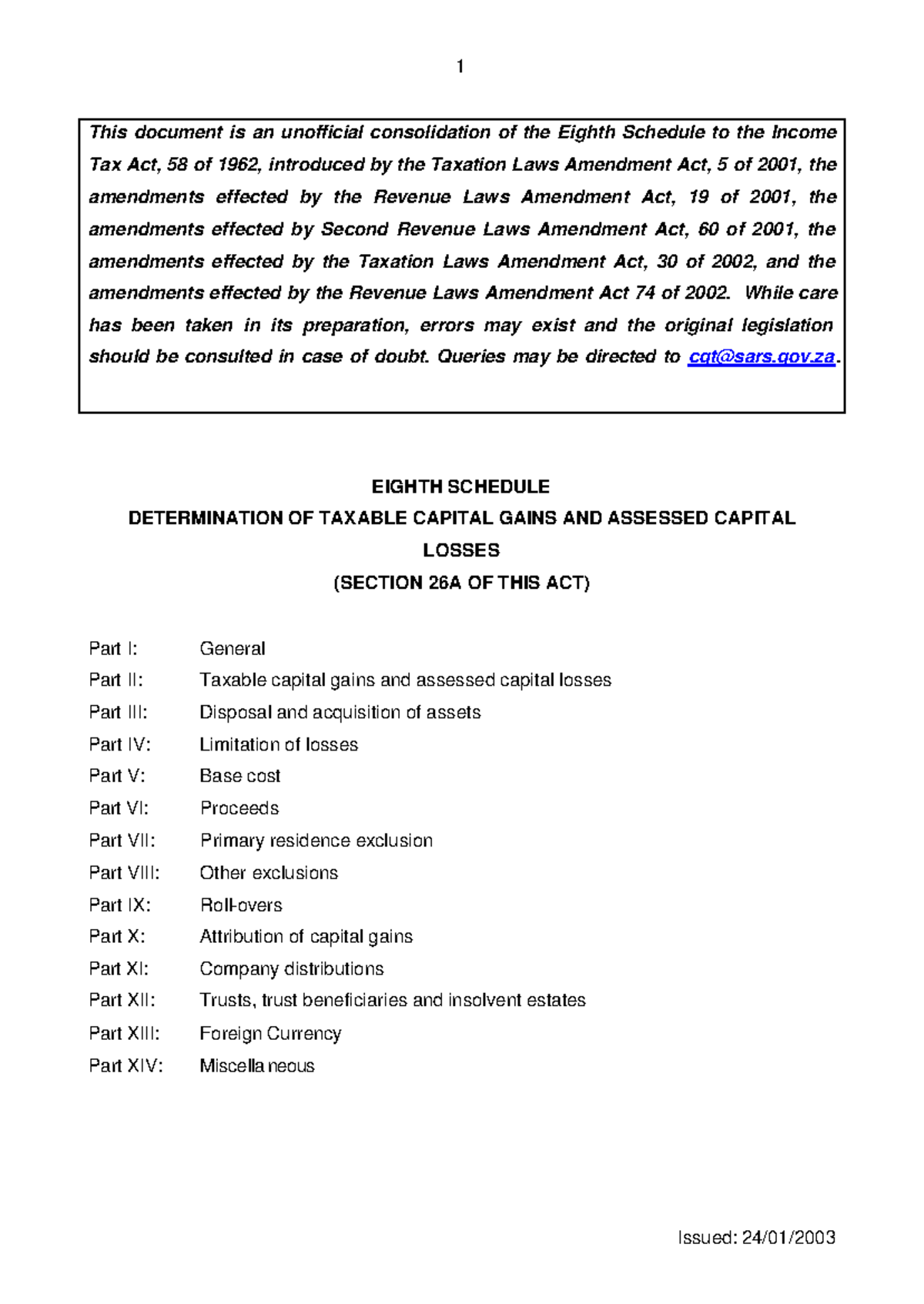 Eighth Schedule to the Income Tax Act: Consolidated Tax Provisions ...