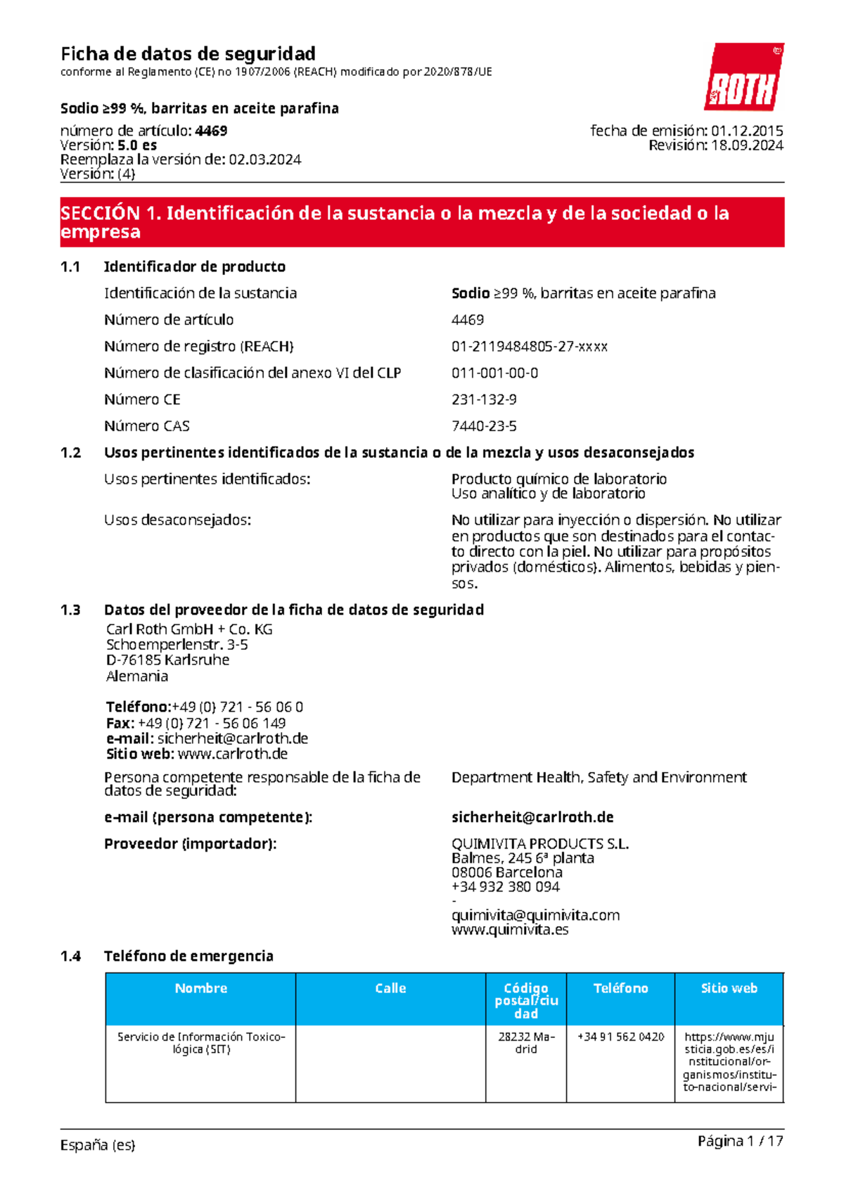 Ficha de Datos de Seguridad (FDS) de Sodio Barritas en Aceite Parafina ...