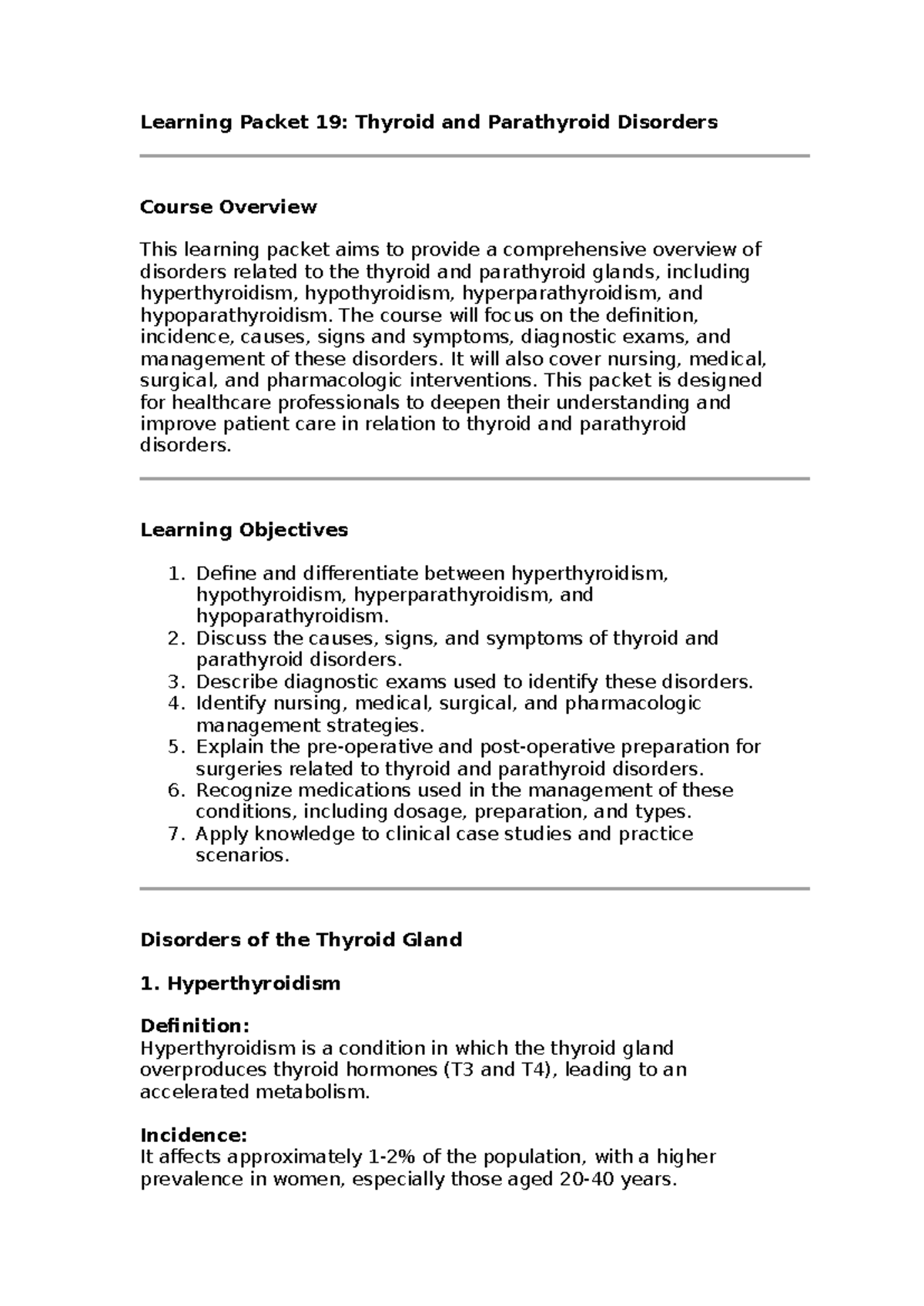 Learning Packet 19: Thyroid & Parathyroid Disorders Overview (MS 2 ...