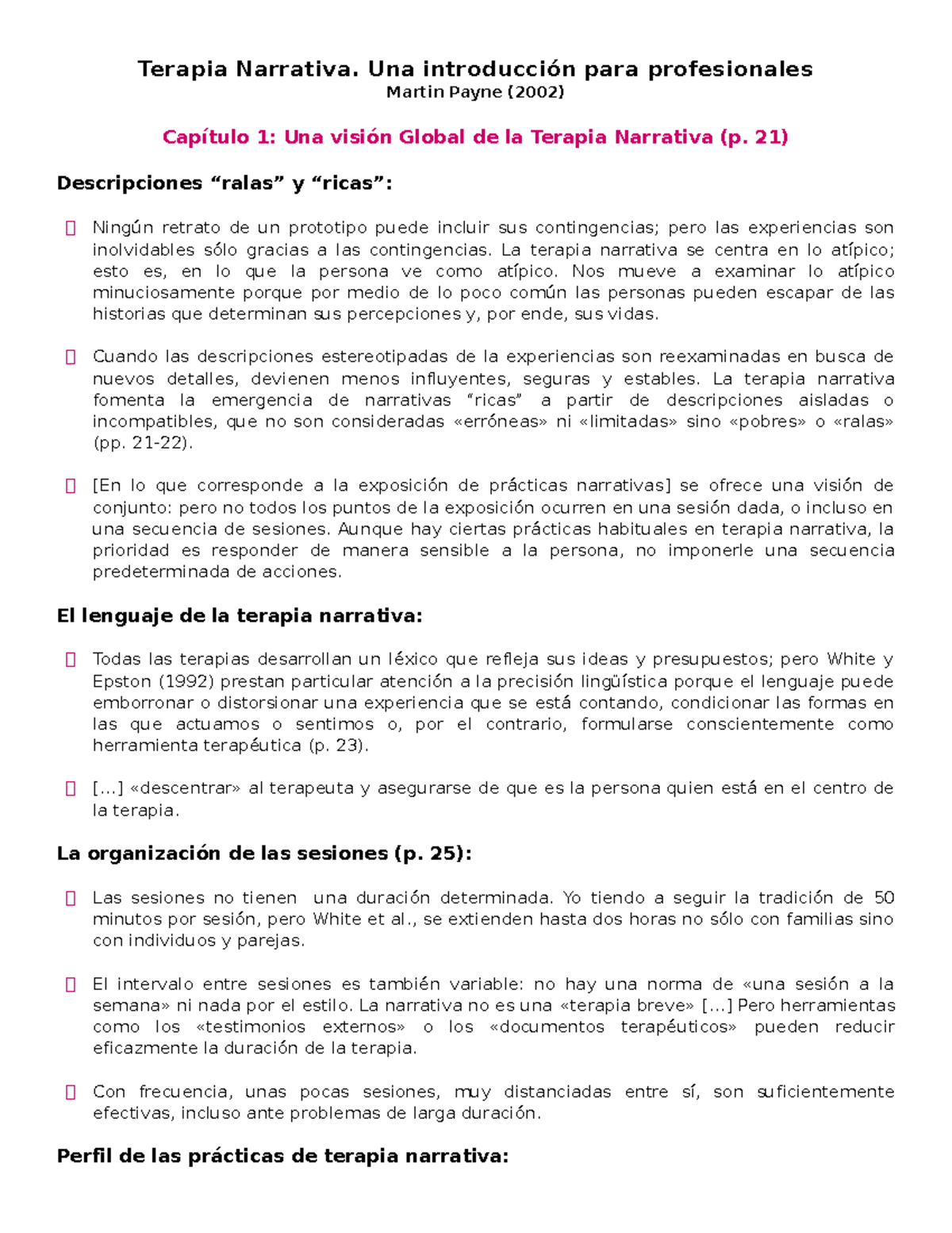 Terapia Narrativa: Anotaciones del Capítulo 1 de Martin Payne - Studocu