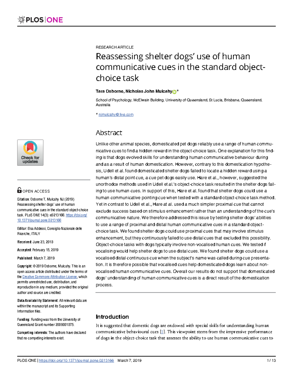 Reassessing Shelter Dogs' Use of Human Cues in Object-Choice Task - Studocu