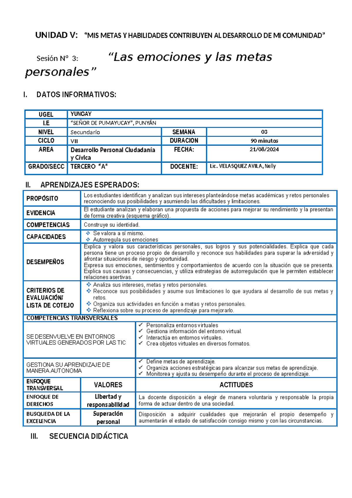Emociones y Metas Personales - Unidad V - DPCC 3° - 21 Agosto - Studocu