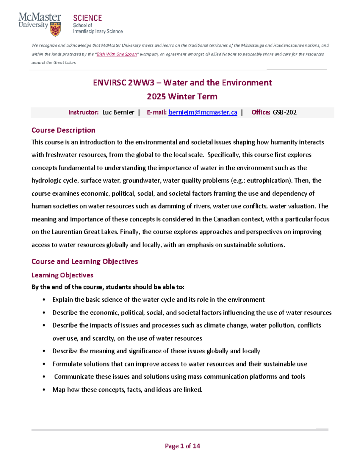 ENVIRSC 2WW3 - Water and the Environment Course Outline 2025 - Studocu