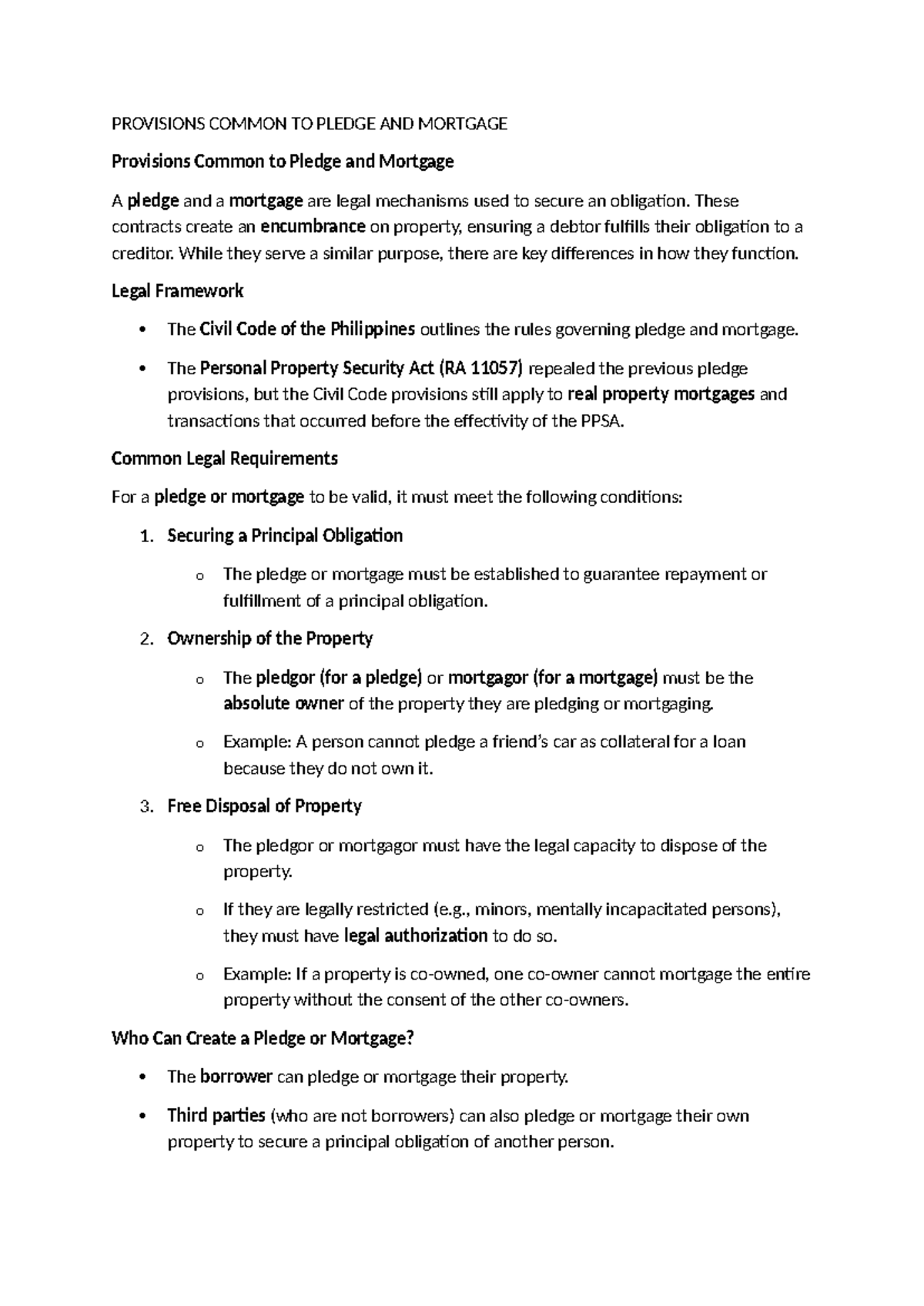 Provisions Common to Pledge and Mortgage (Law 101) - Studocu