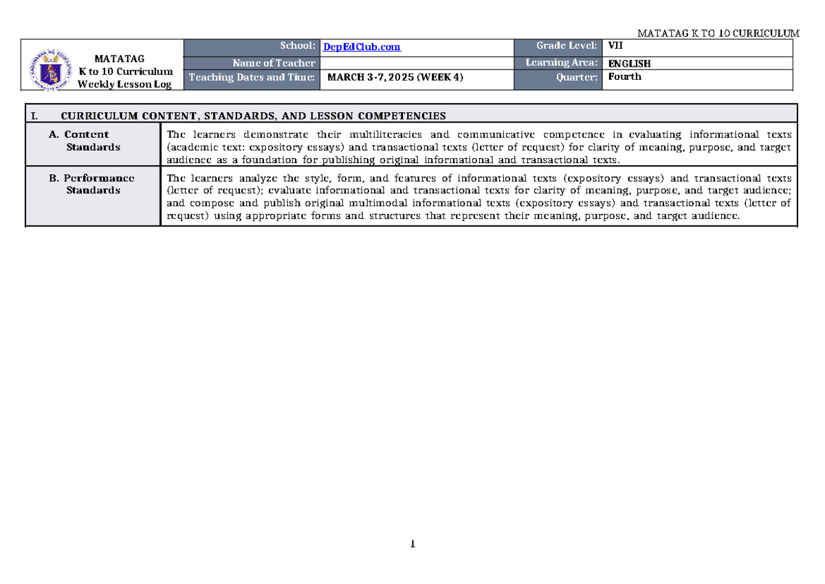 DLL Matatag K to 10 English 7 Weekly Lesson Log - March 2025 (W4) - Studocu