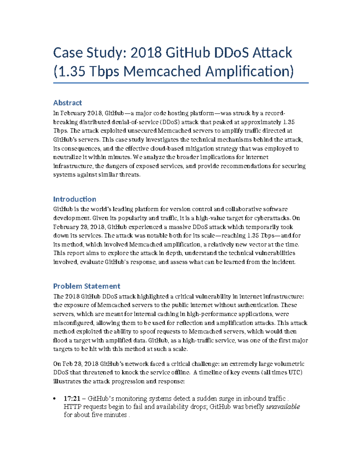 Case Study: 2018 GitHub DDoS Attack (1.35 Tbps Memcached Exploit) - Studocu