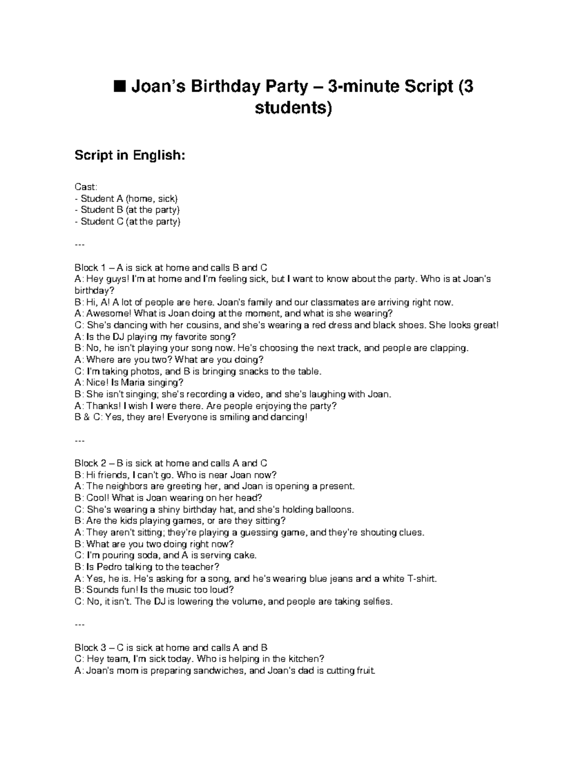 Joan's Birthday Party Script (3 Students) - Apuntes - Studocu