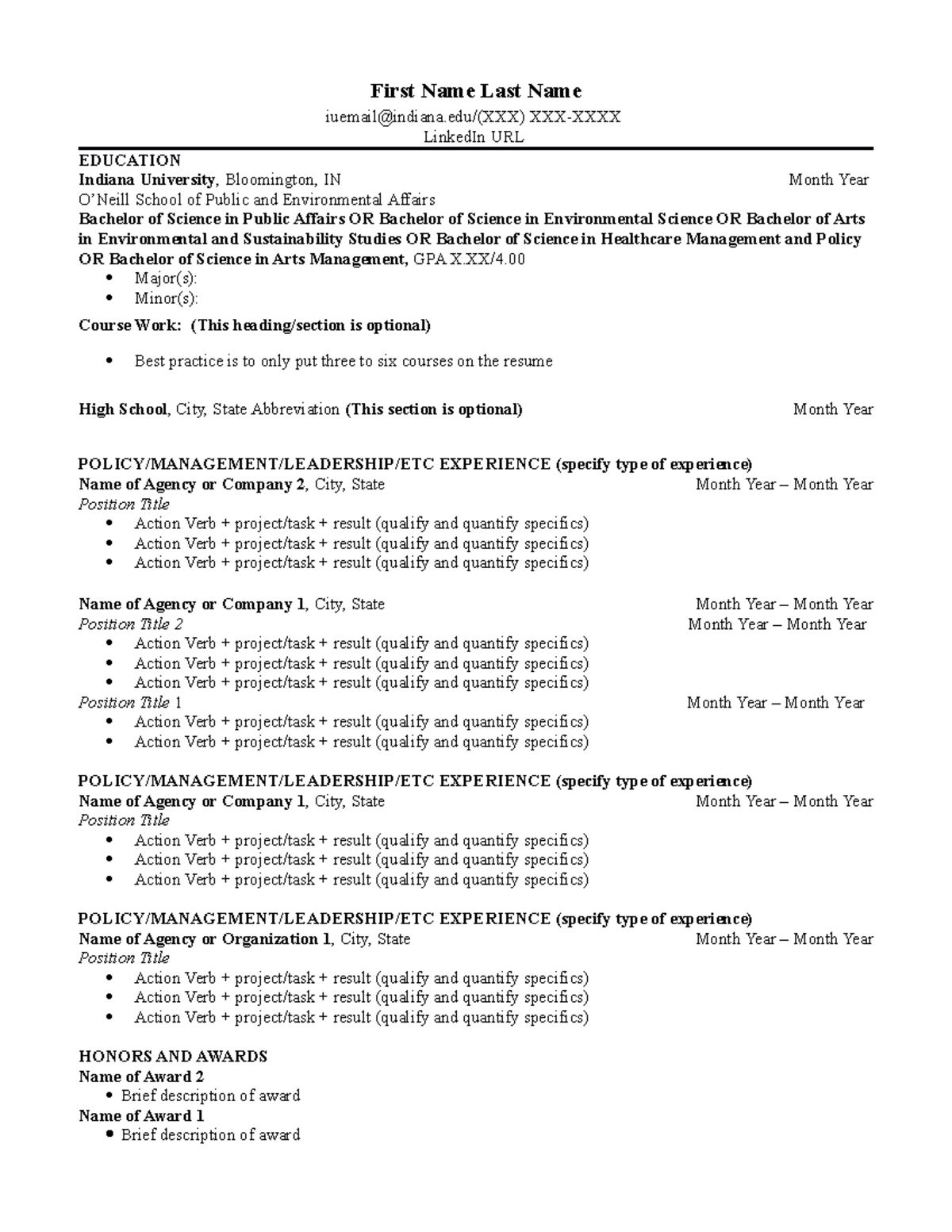 O'Neill UG Resume Template - Public Affairs & Environmental Studies ...