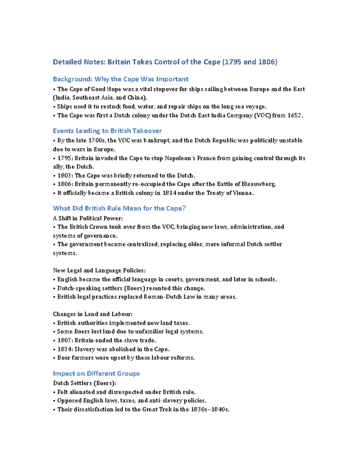 Britain Takes Control of the Cape: Key Historical Notes (1795-1806 ...
