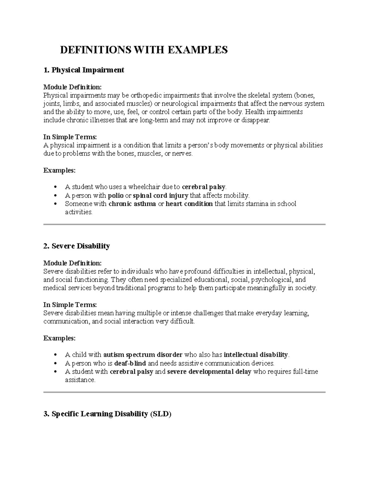 SPED Definitions & Examples: Physical Impairments & Disabilities - Studocu