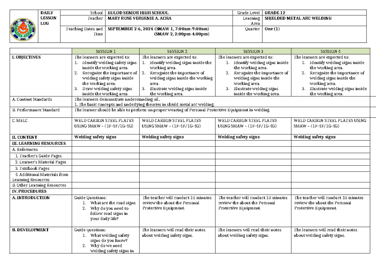 G12 SMAW DLL WEEK 6 1st Q - dll - DAILY LESSON LOG School GULOD SENIOR ...