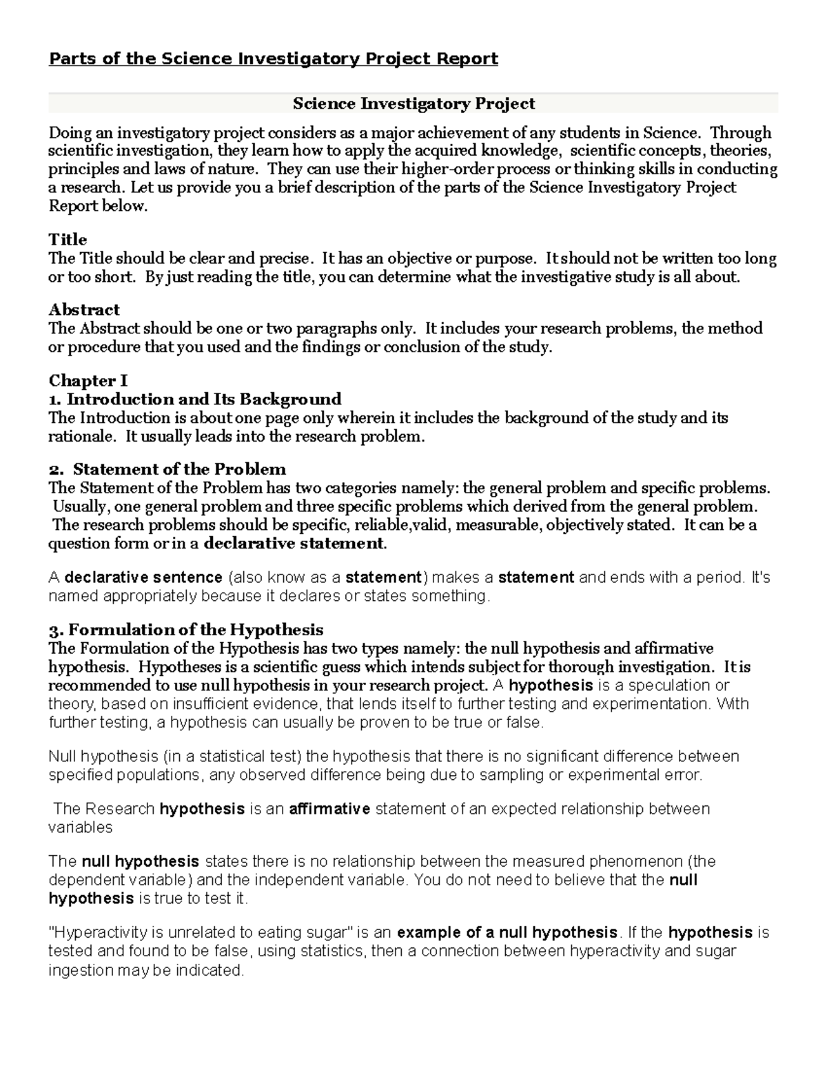 Parts of the Science Investigatory Project - Through scientific ...