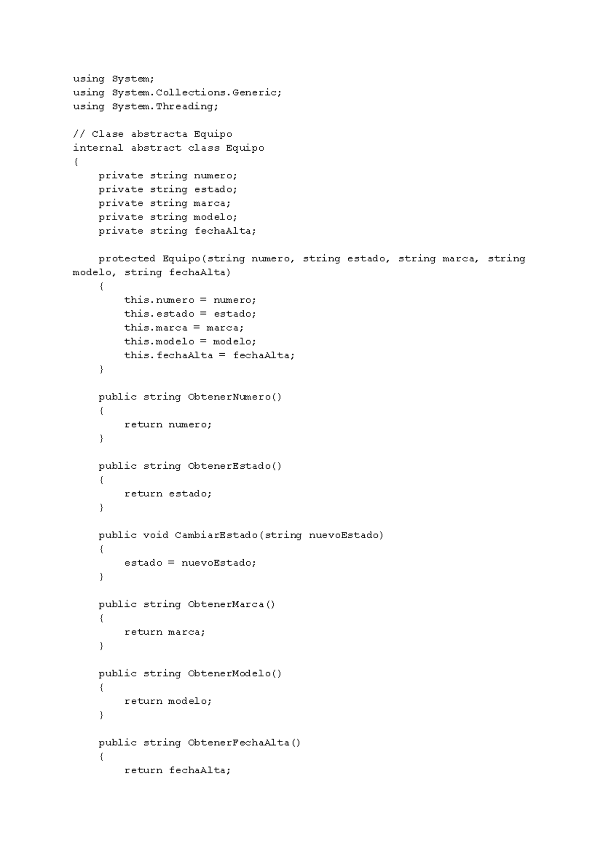 Modelo 1: Clase Abstracta Equipo y Subclases en C# - Studocu