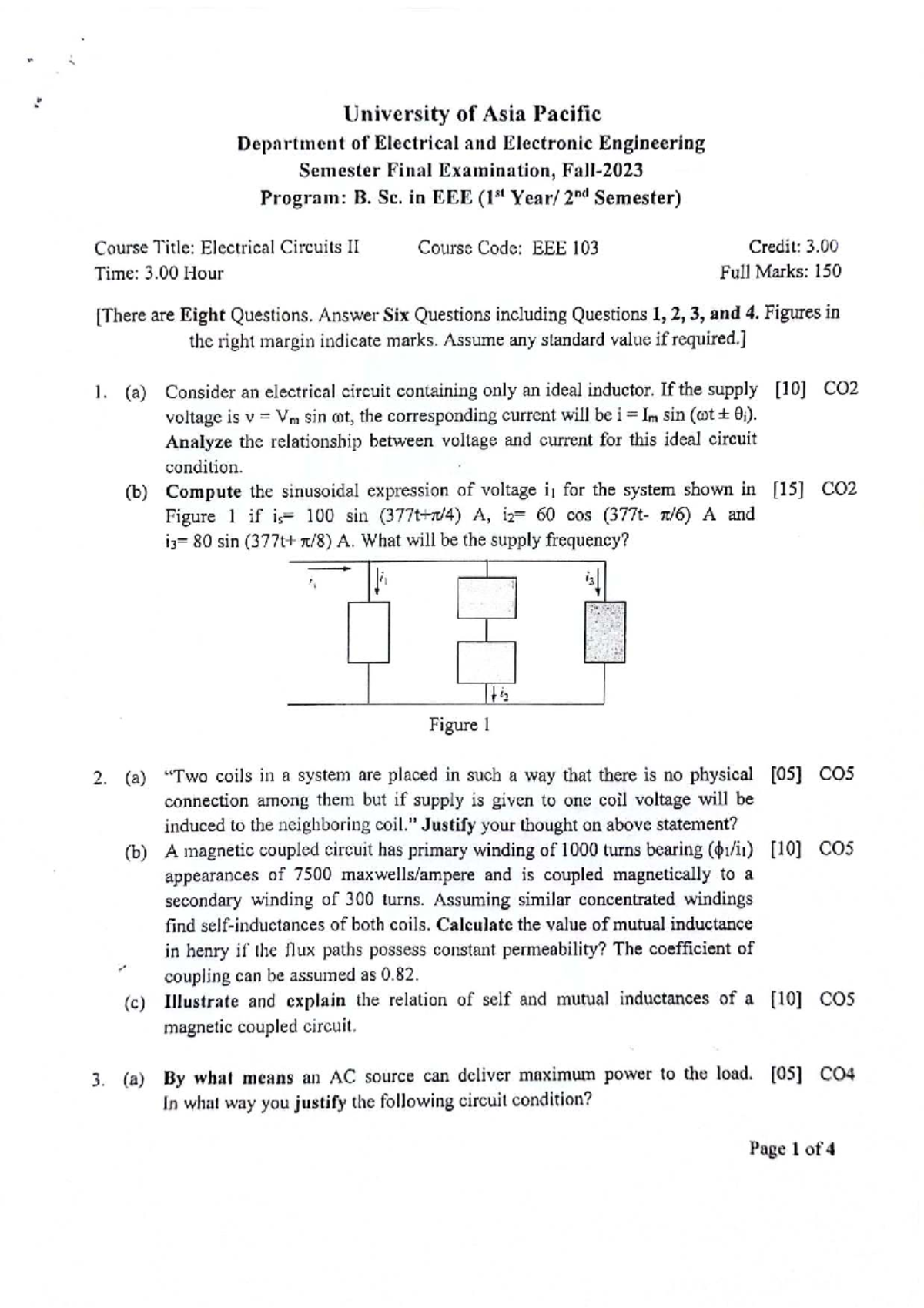 EEE 103 Final Exam Questions for Electrical Circuits II - 1st Year 2nd ...