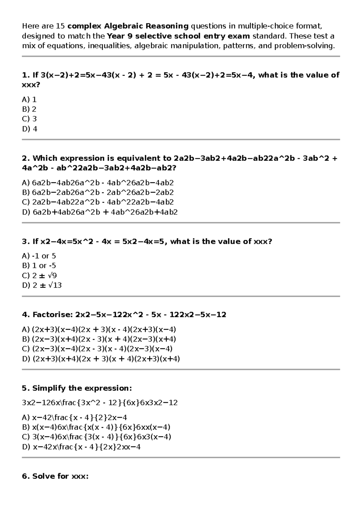 Algebraic Reasoning Practice for Year 9 Selective Exam - Studocu