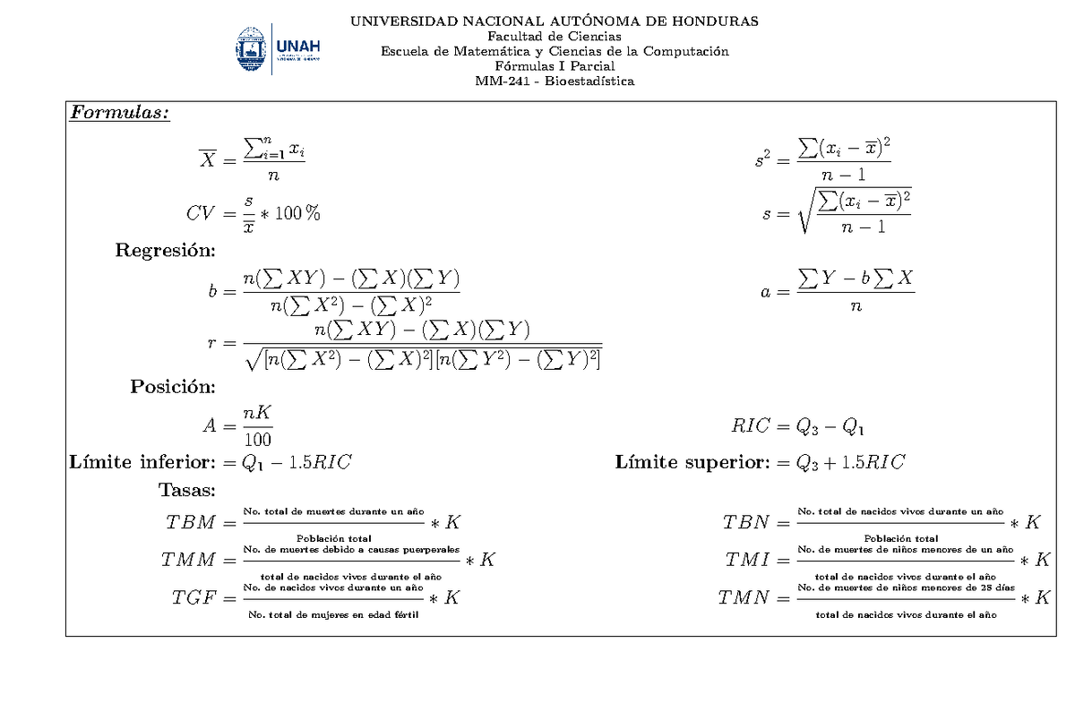 Formulas de Bioestadística - MM241 I Parcial - Studocu