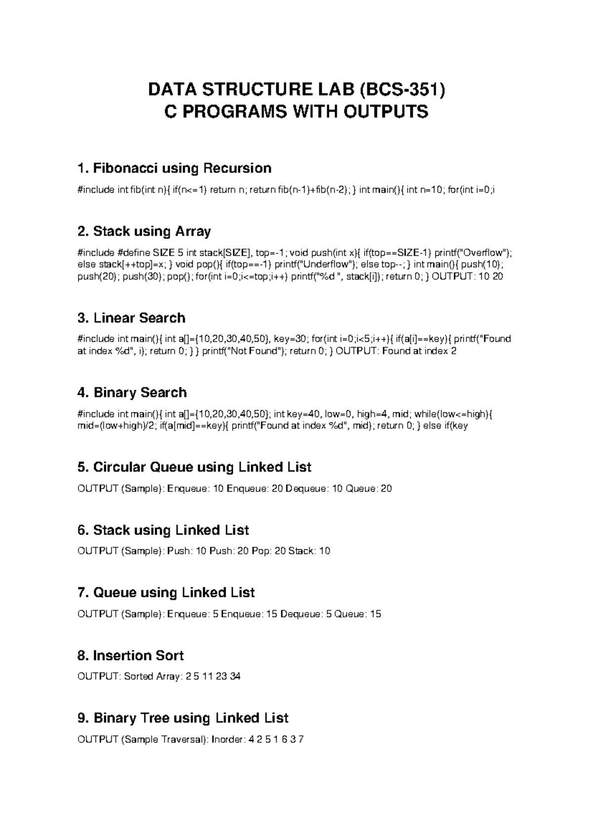 Data Structure Lab BCS351: C Programs with Outputs - Studocu