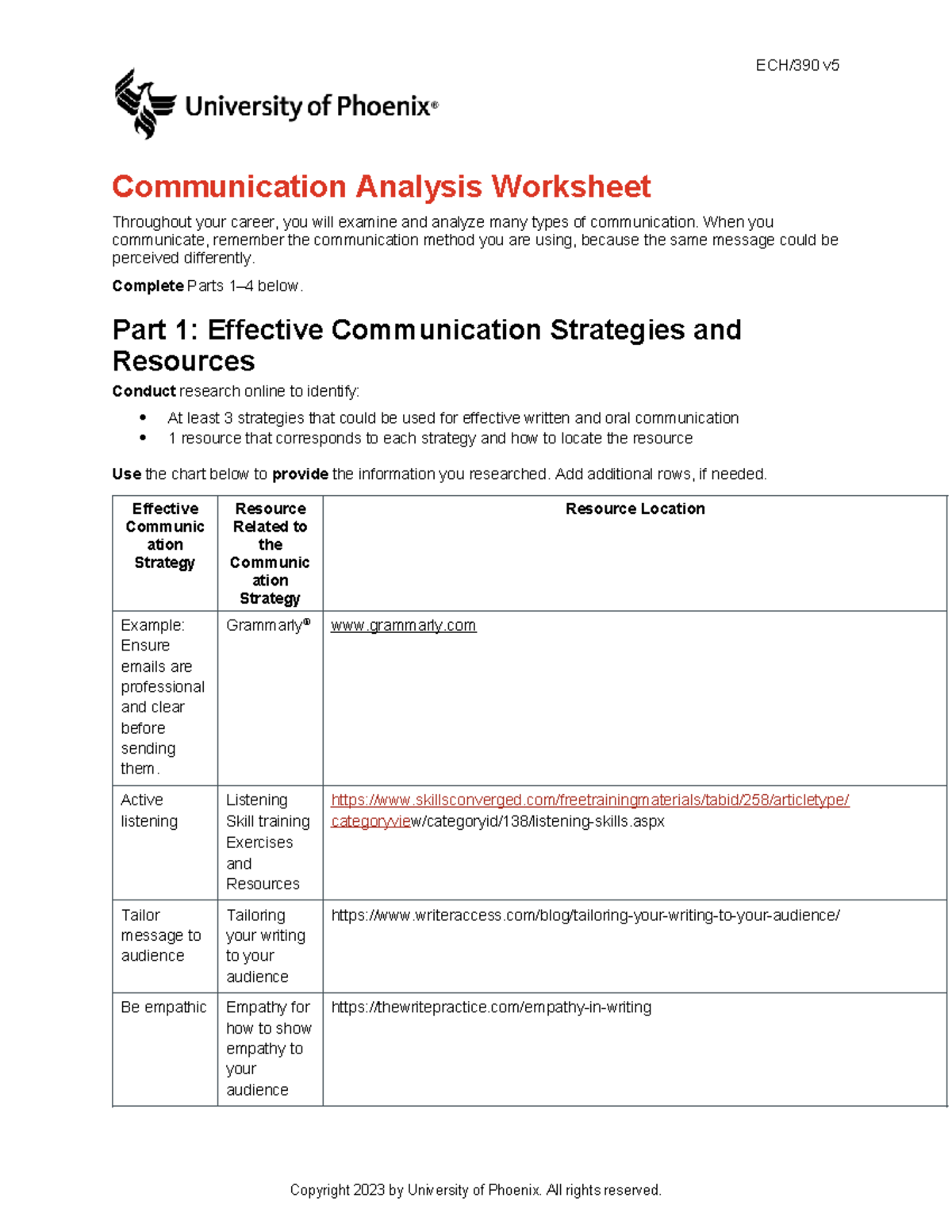 Ech390 Week 2 Communication Analysis Worksheet - Studocu