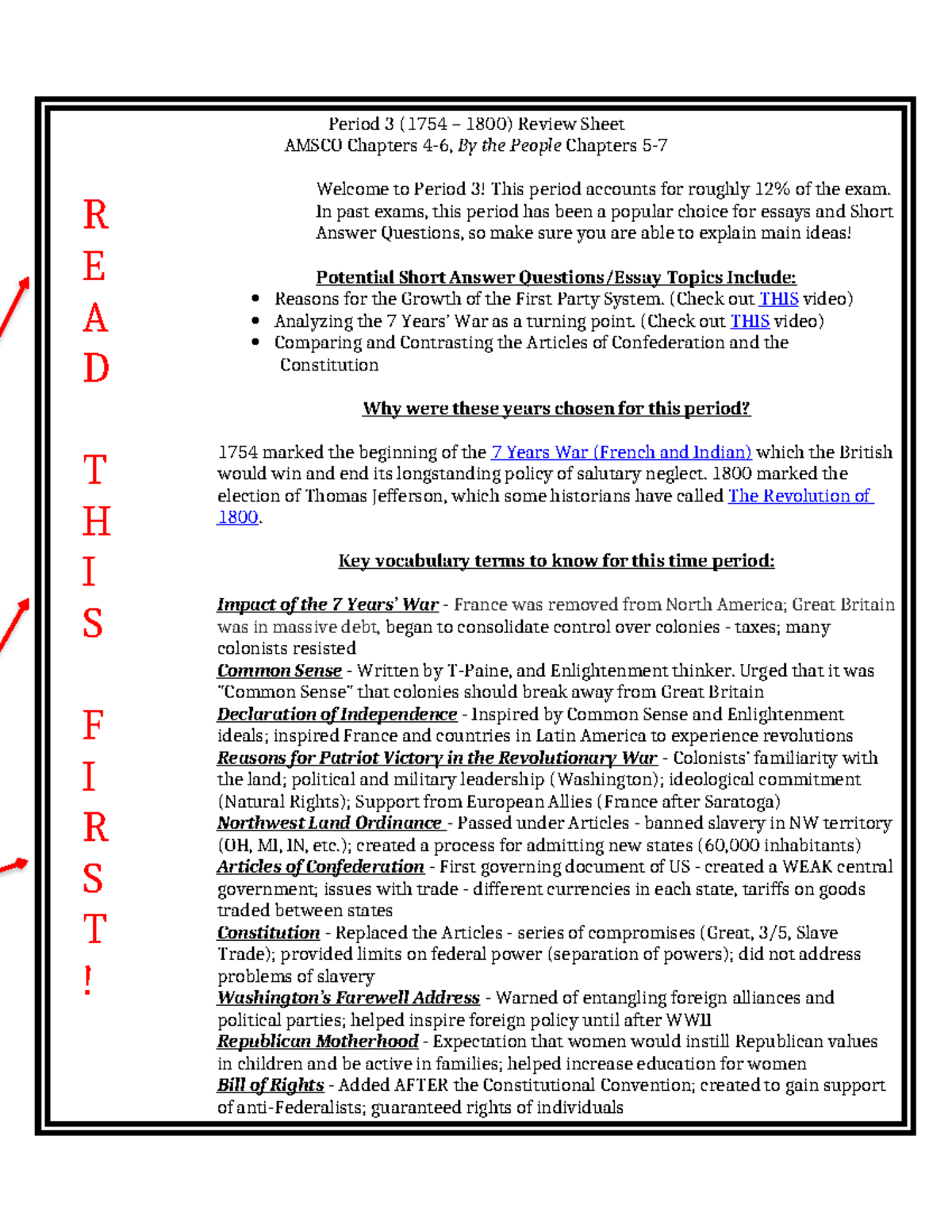 Period 3 (1754-1800) Exam Review Sheet: Key Concepts & Events - Studocu
