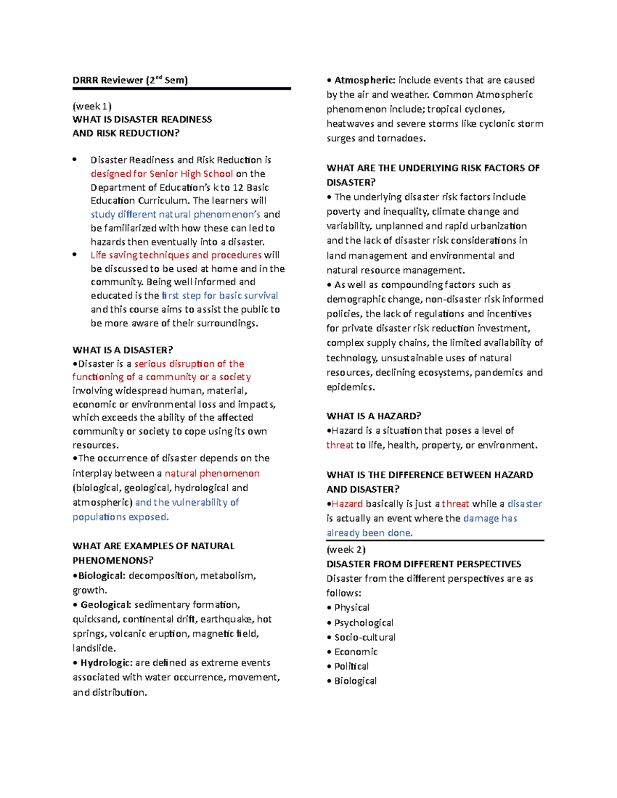 DRRR- Understanding Disaster Readiness & Risk Reduction Notes - Studocu