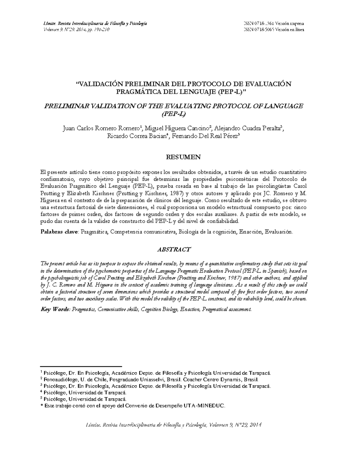 Validación Preliminar del Protocolo PEP-L en Evaluación Pragmática - Studocu