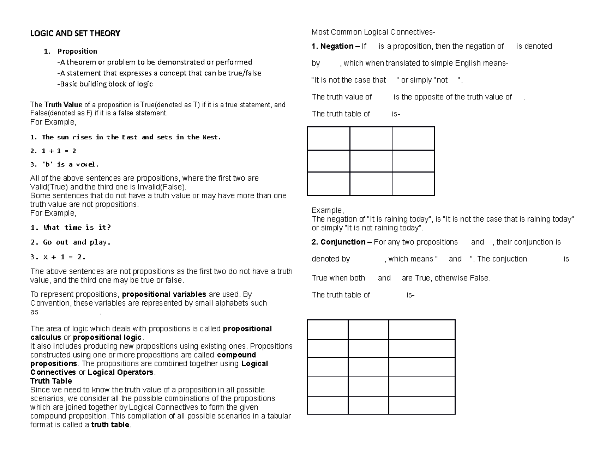 Logic AND SET Theory Proposition - LOGIC AND SET THEORY 1. Proposition ...