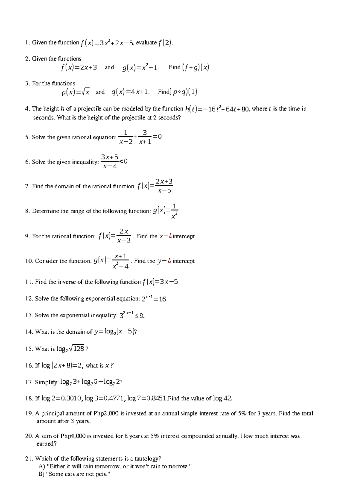 SHS Gen Math Quiz Bee - Comprehensive Quiz Questions and Problems - Studocu