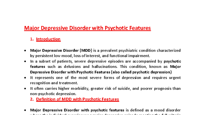 MDD with Psychotic Features: Overview and Treatment Insights - Studocu