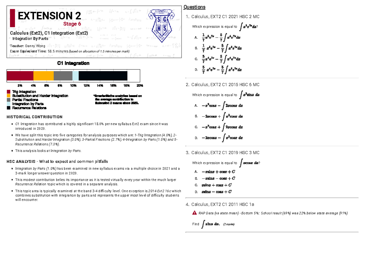 Integration by Parts: EXT2 C1 Calculus HSC Exam Questions Analysis ...